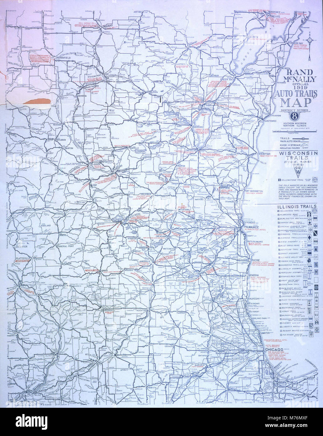 A 1919 Rand McNally auto trails map showing District 8, covering ...
