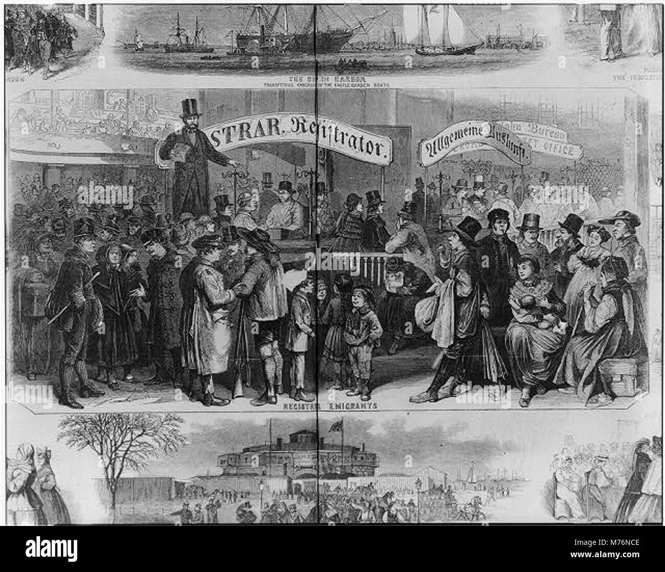 A photograph showing the process of registering emigrants, likely in ...