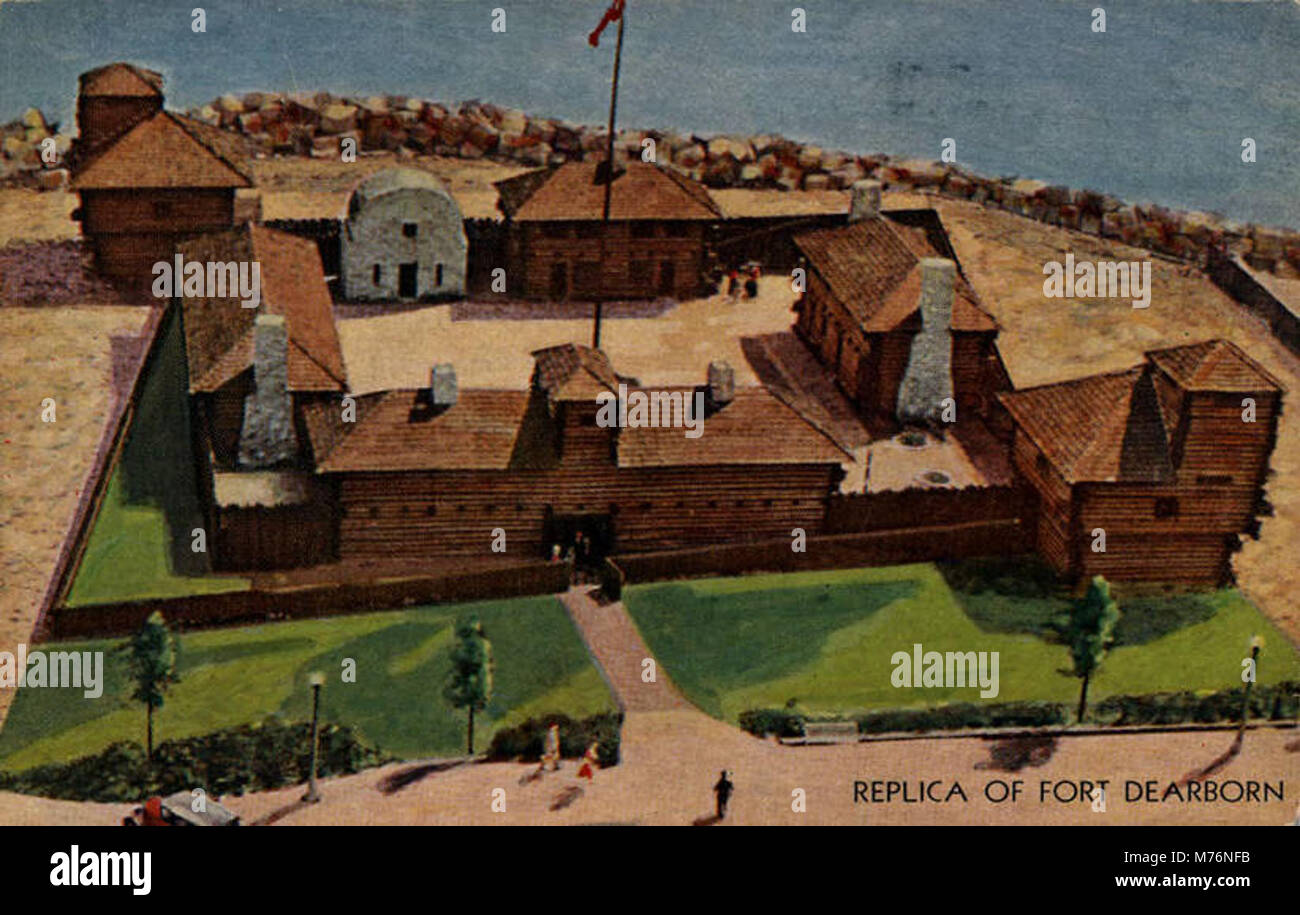 A photograph showing a replica of Fort Dearborn, an important ...