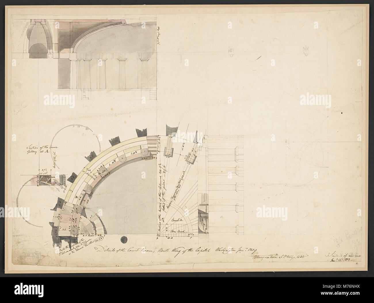 This architectural drawing provides detailed plans of a courtroom in ...