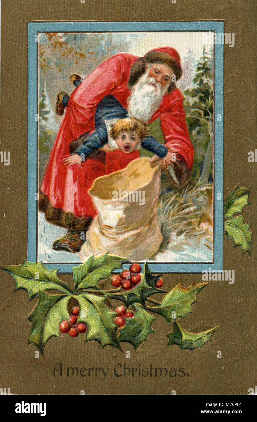 A festive scene depicting Santa Claus in his red robe, putting a boy ...