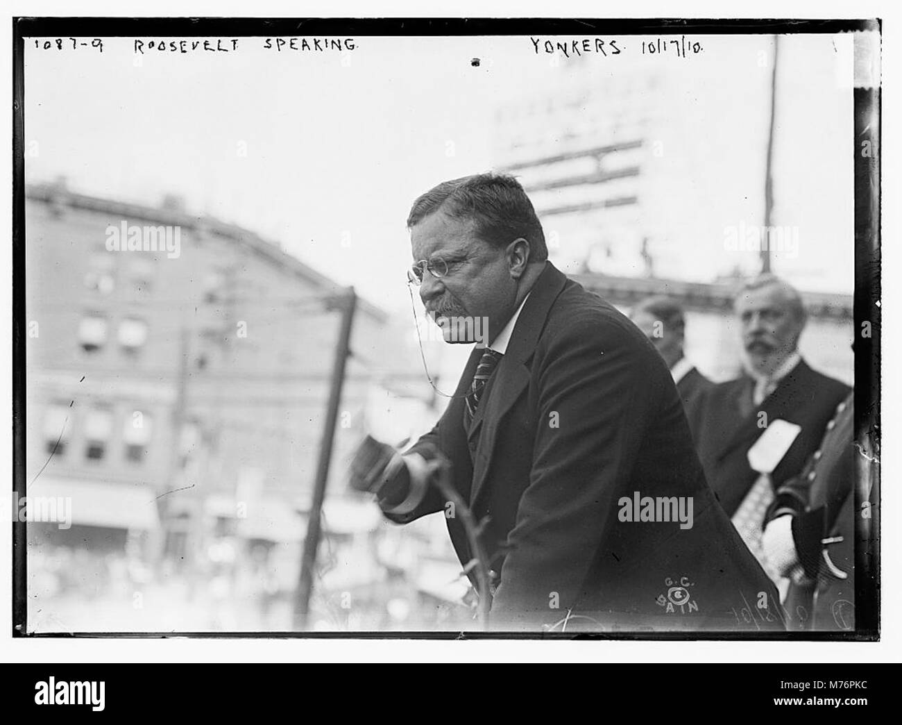 A photograph of President Theodore Roosevelt delivering a speech ...