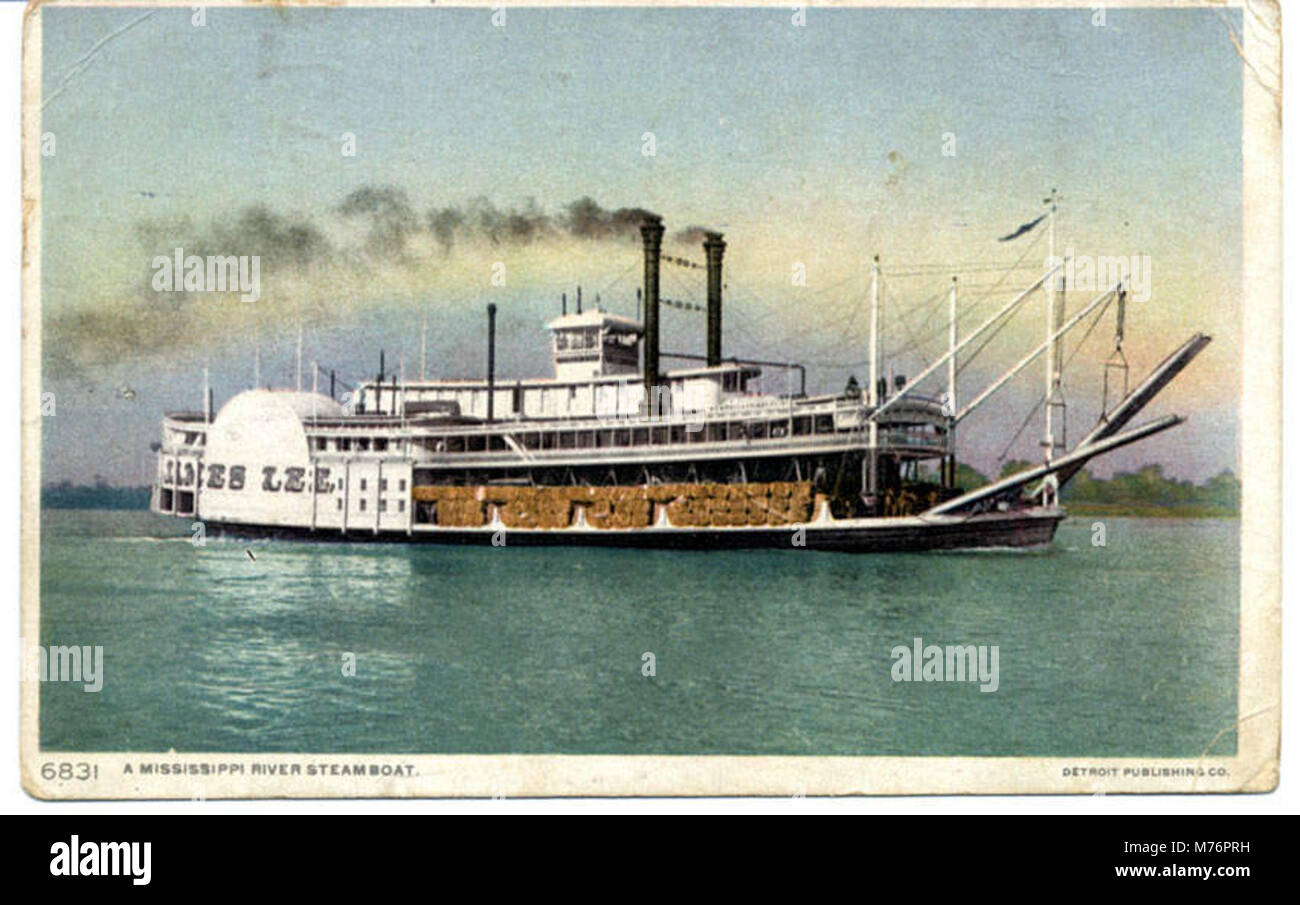 A historic photograph of a steamboat on the Mississippi River ...