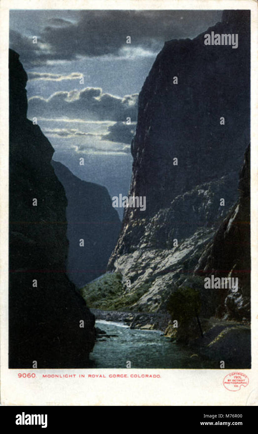 This image depicts the Royal Gorge in Colorado under the moonlight ...