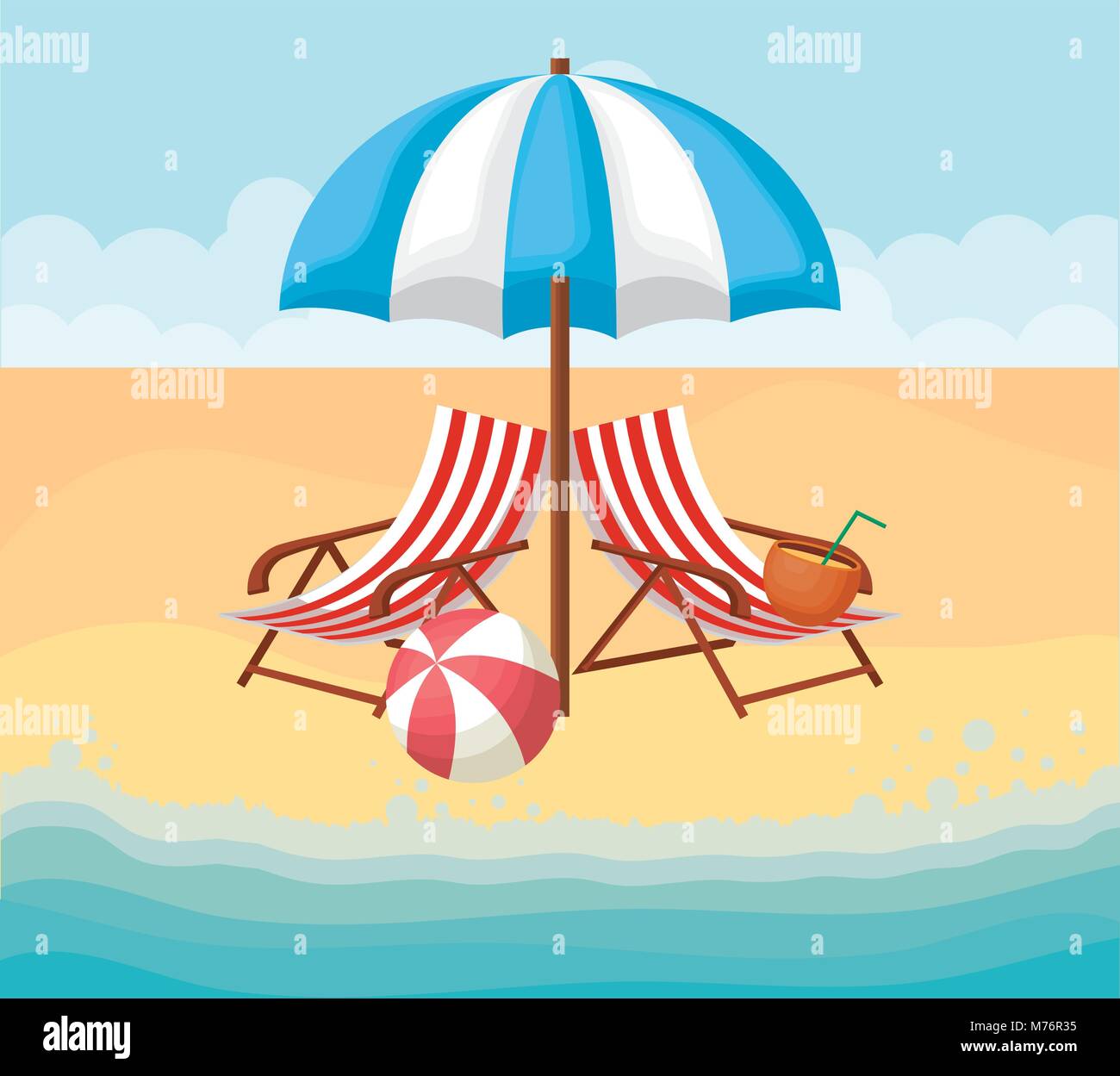 Beach with parasol and seats over beach background, colorful design ...