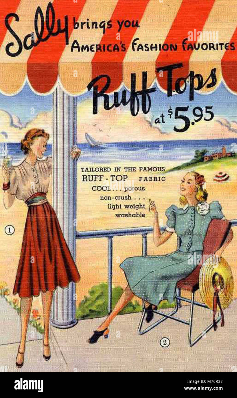 This image features a fashion display of 'Ruff Tops' and 'Sally Frocks ...