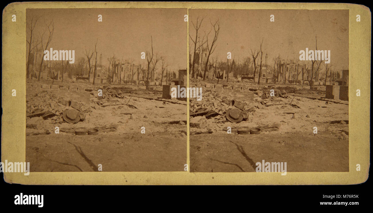 This historical image depicts the ruins of Chicago, with a view toward ...