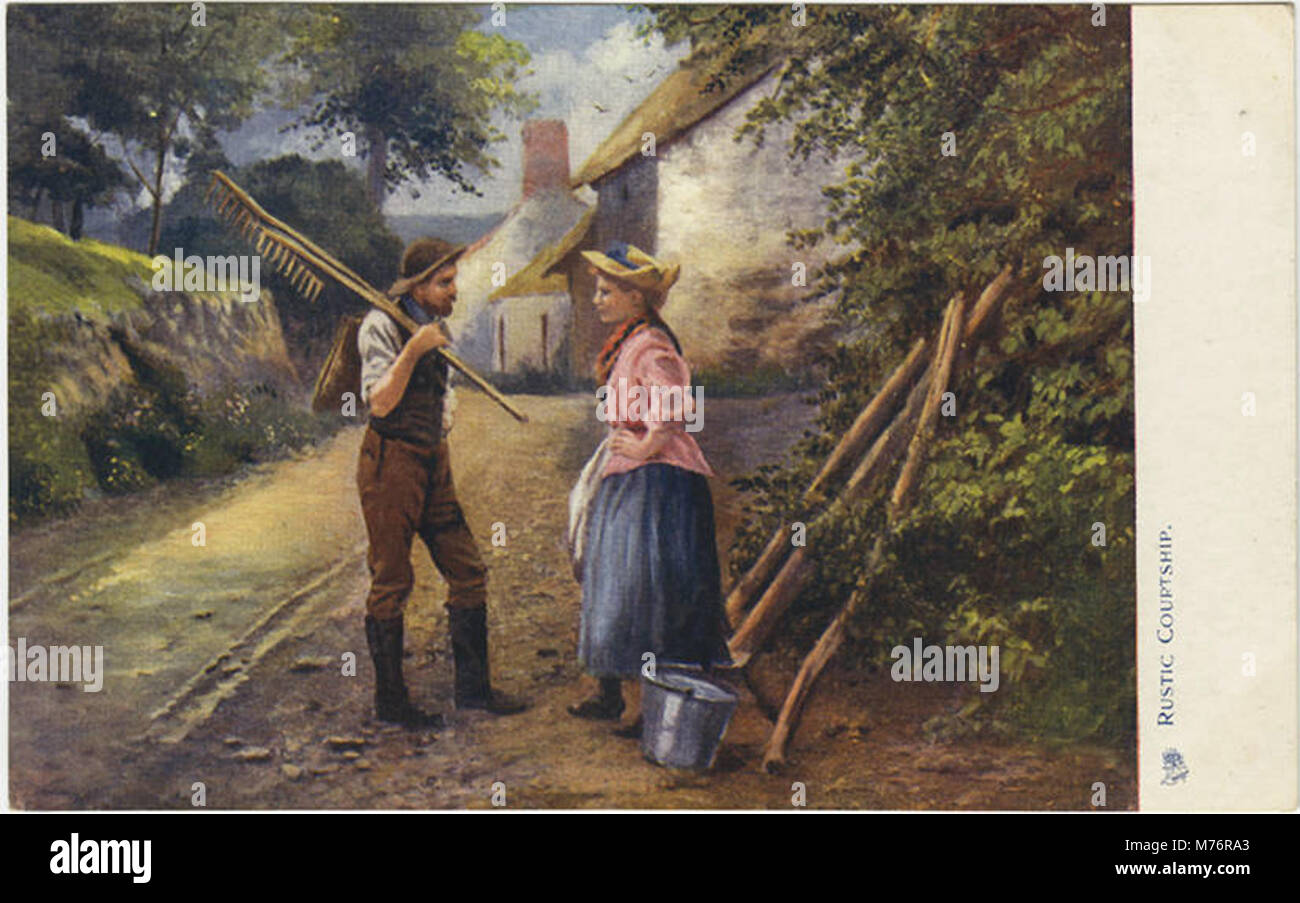 This image shows a scene of rustic courtship, capturing a traditional ...