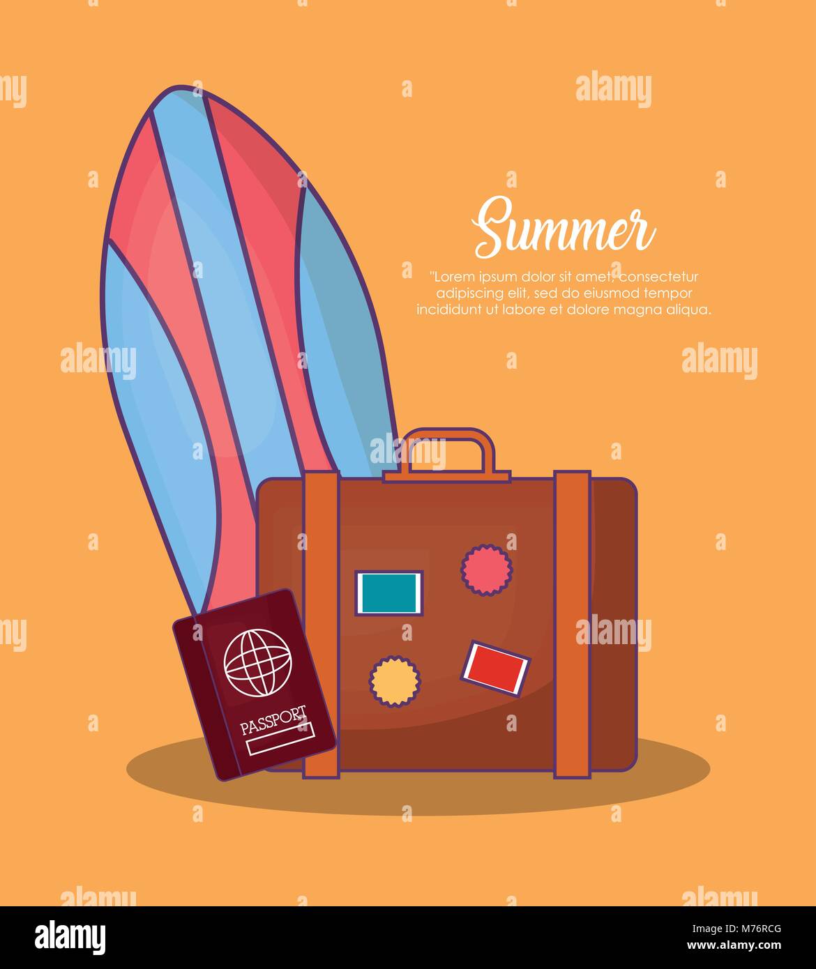 Infographic of summer concept with suitcase and surfboard over orange ...