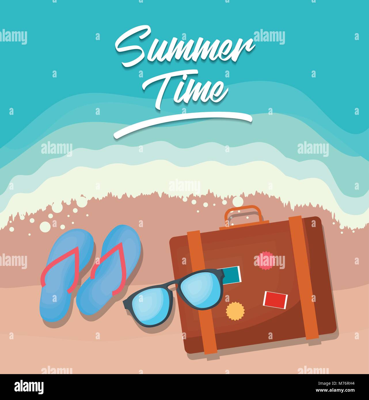 Summer time design with suitcase and glasses over beach background ...
