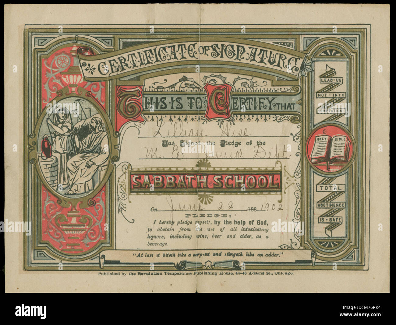 A historical document showing the Sabbath School Temperance Pledge from ...