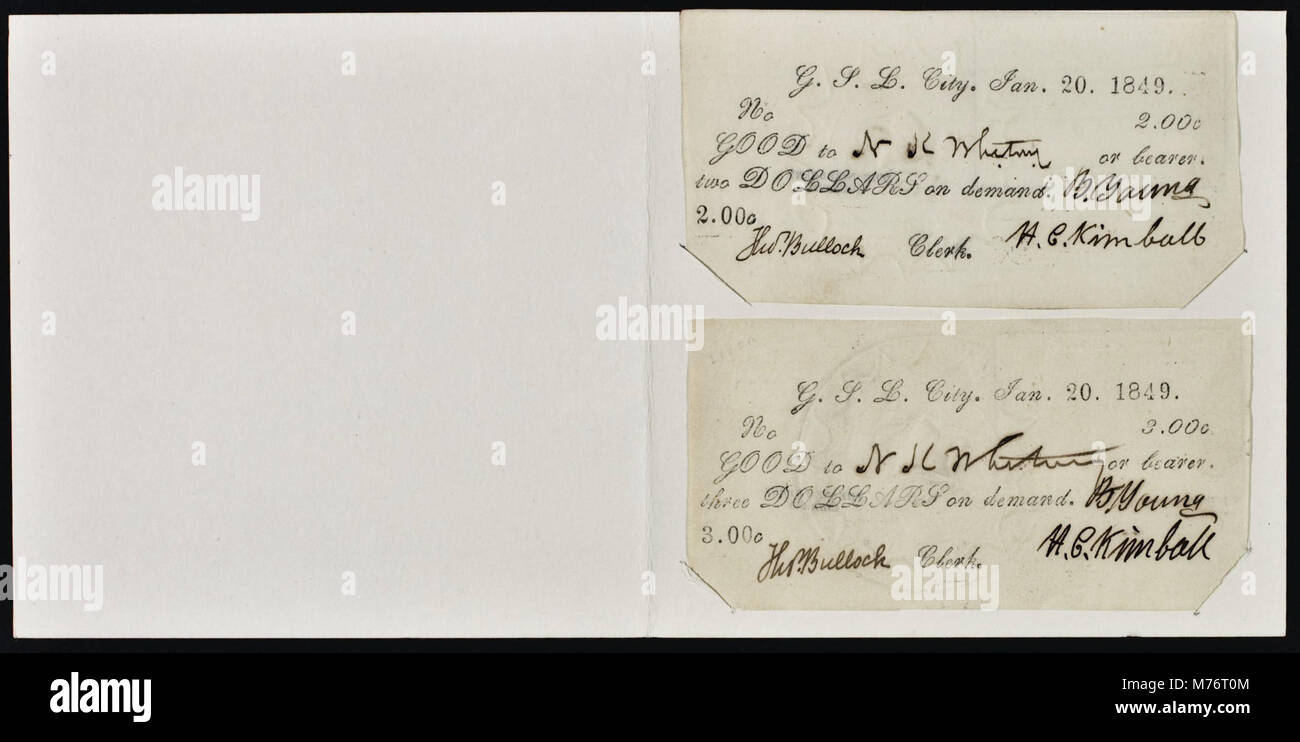 This image shows a scrip note from Salt Lake City, issued in 1849 for 2 ...