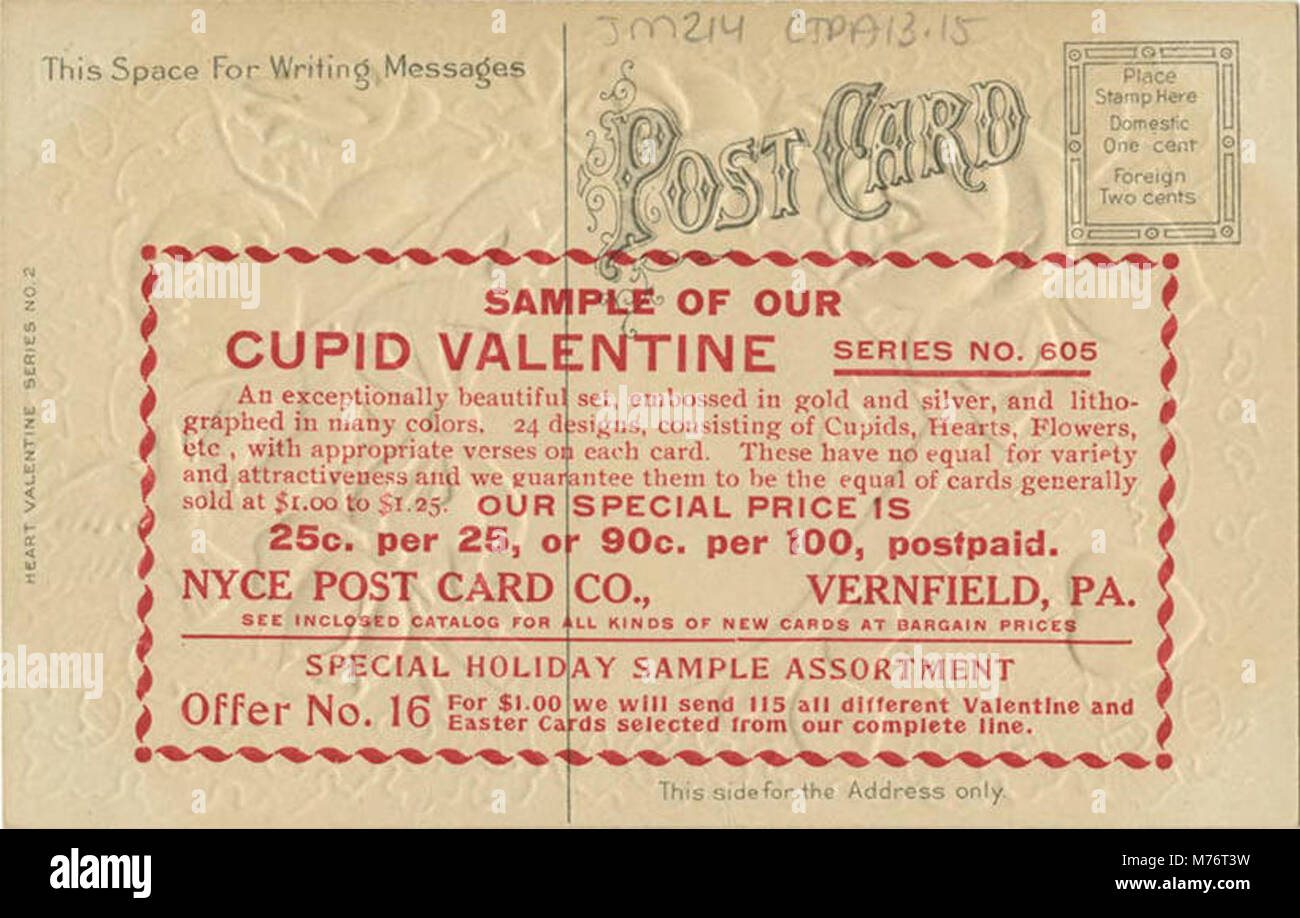 An advertisement featuring a sample of Cupid-themed Valentine postcards ...