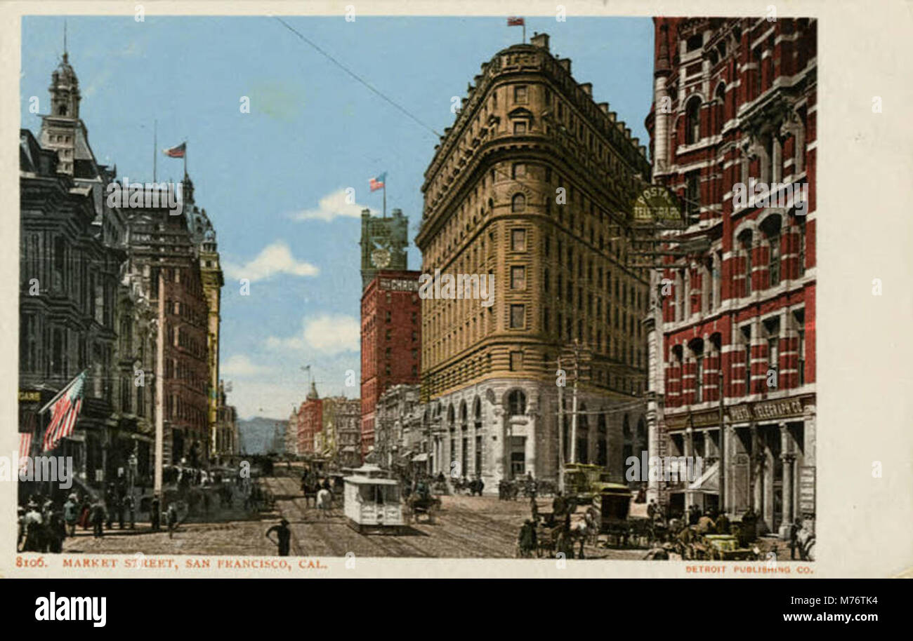 A view of the bustling intersection at Kearny and Market Streets in San ...