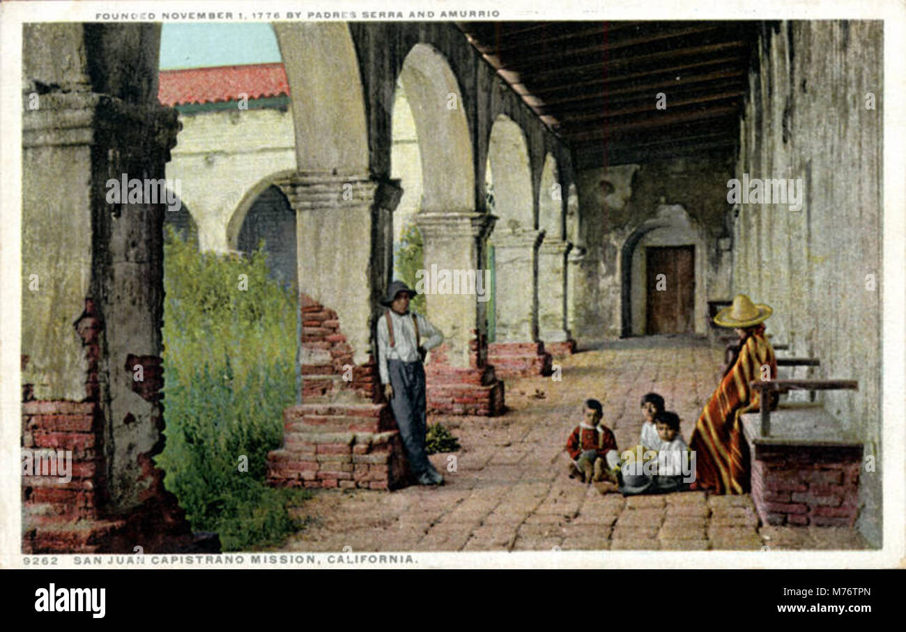 The image shows the Mission San Juan Capistrano in California, a ...