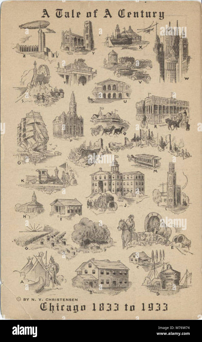 The image presents a historical overview of Chicago from 1833 to 1933 ...