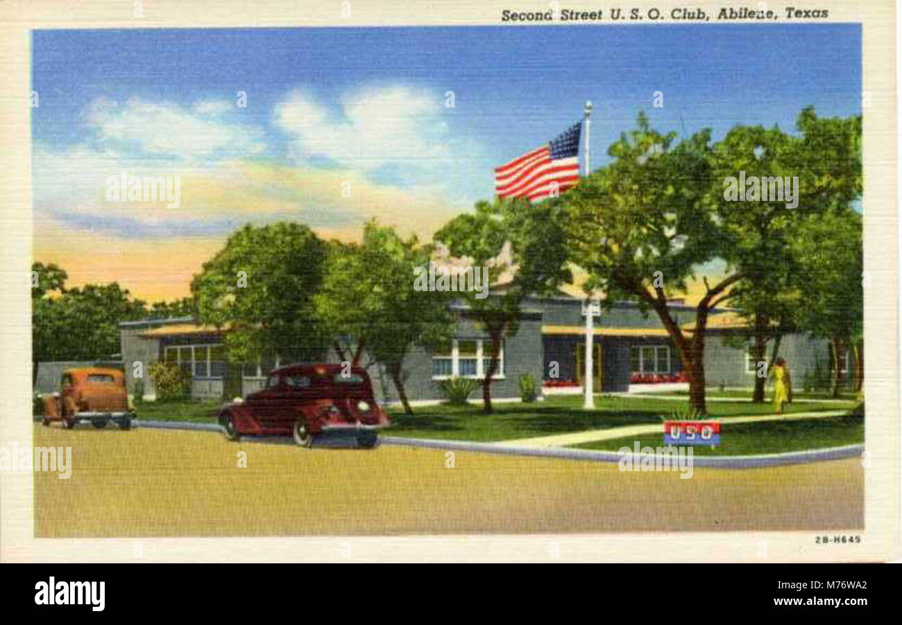 A photograph showing the Second Street U.S.O. Club, likely during World ...