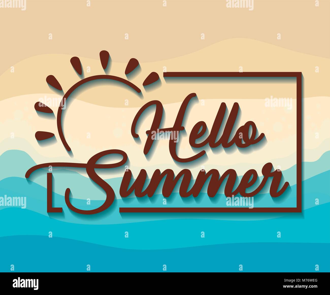 Hello summer design with sun shape and decorative frame over beach ...