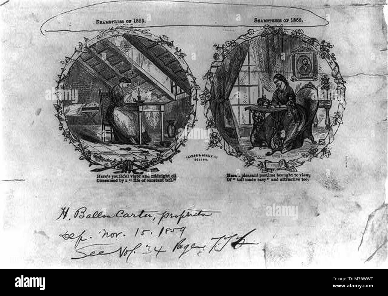 A historical photograph of an early sewing machine, showcasing its ...