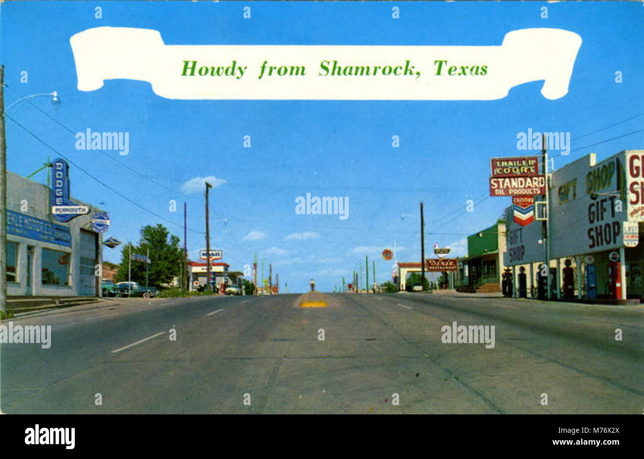 A postcard from Shamrock, Texas, featuring a friendly greeting with the ...