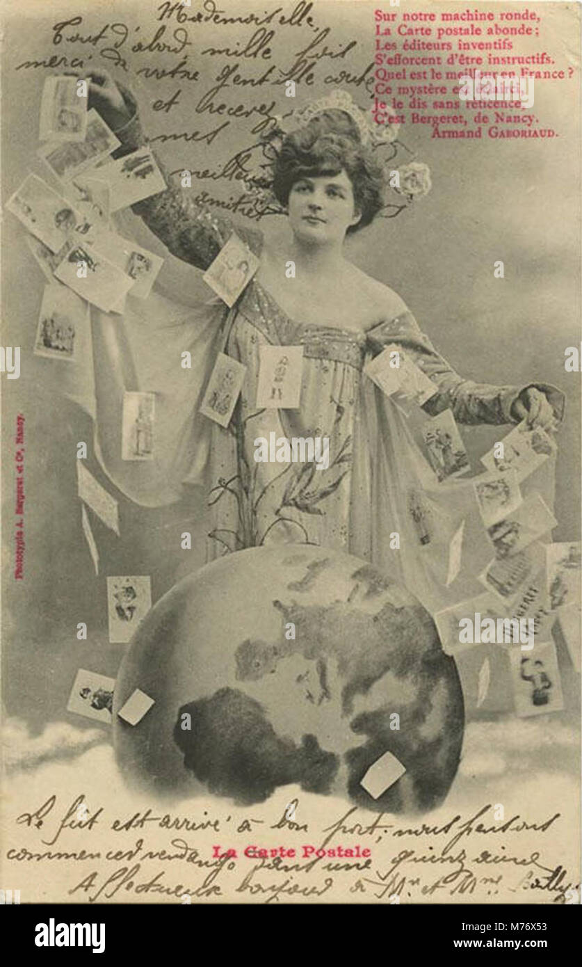 A woman is posed as a goddess standing over a globe, depicted showering ...