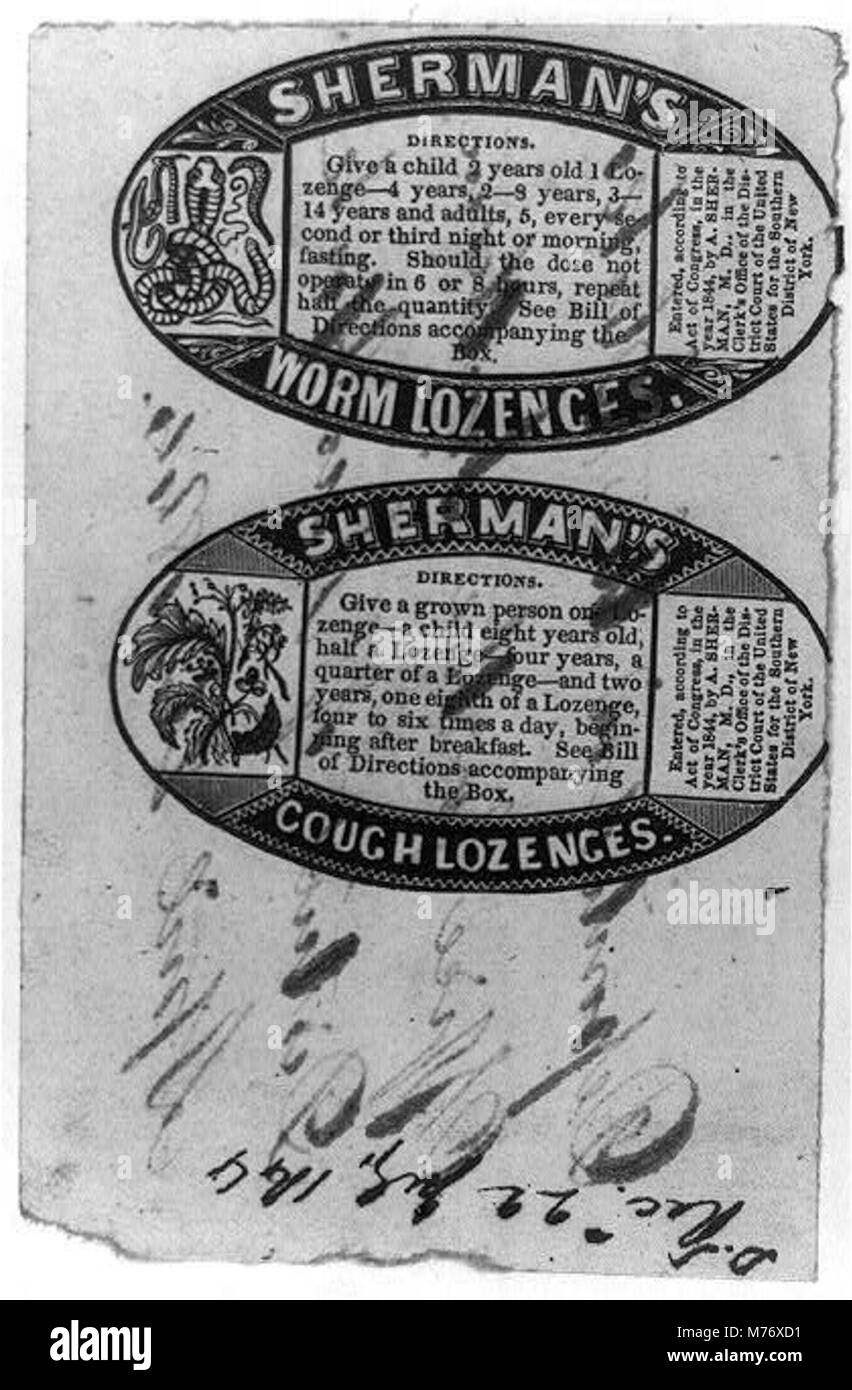A historical advertisement for Sherman's Worm Lozenges, a medicinal ...