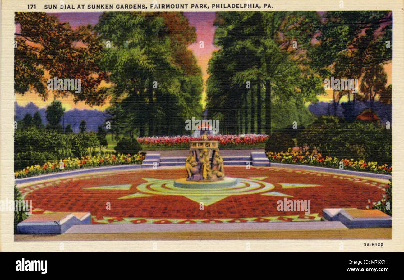 This image shows a sun dial located in the Sunken Gardens of Fairmount ...