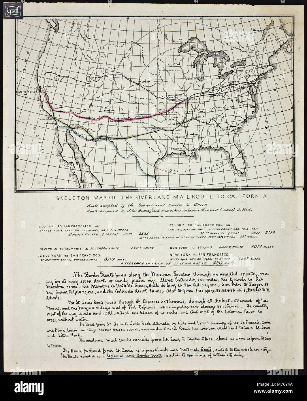 A skeleton map outlining the historic overland mail route to California ...