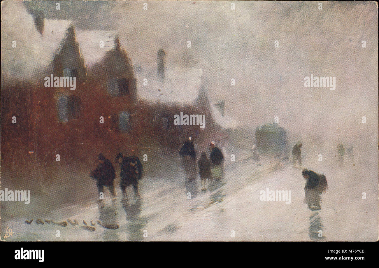This image depicts a snowy street scene, showcasing a winter landscape ...