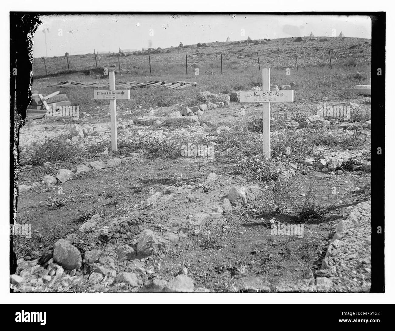 This photograph shows the graves of soldiers, commemorating their ...