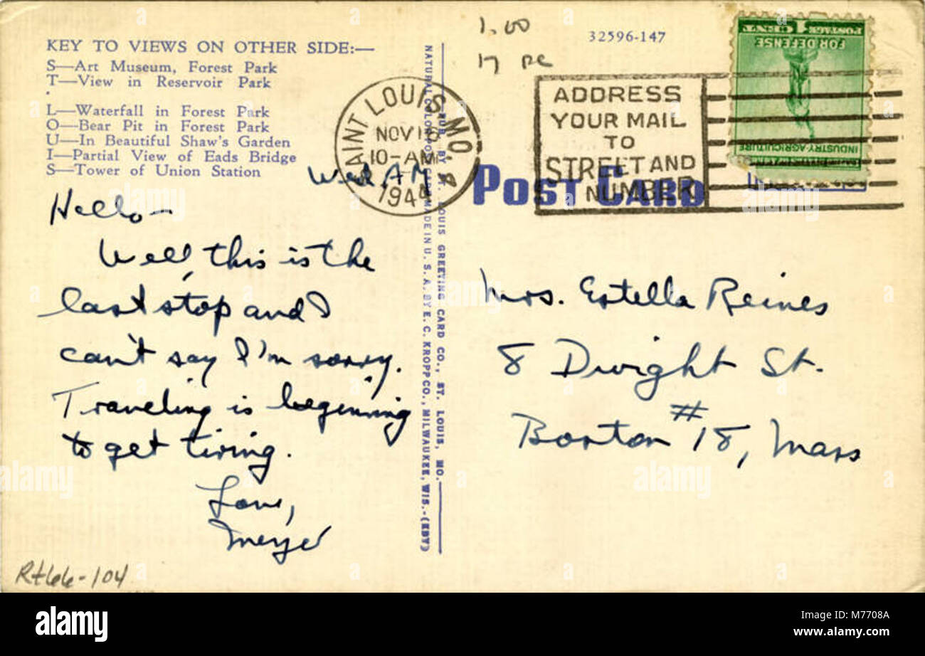 The image shows a greeting card or postcard from St. Louis, Missouri ...