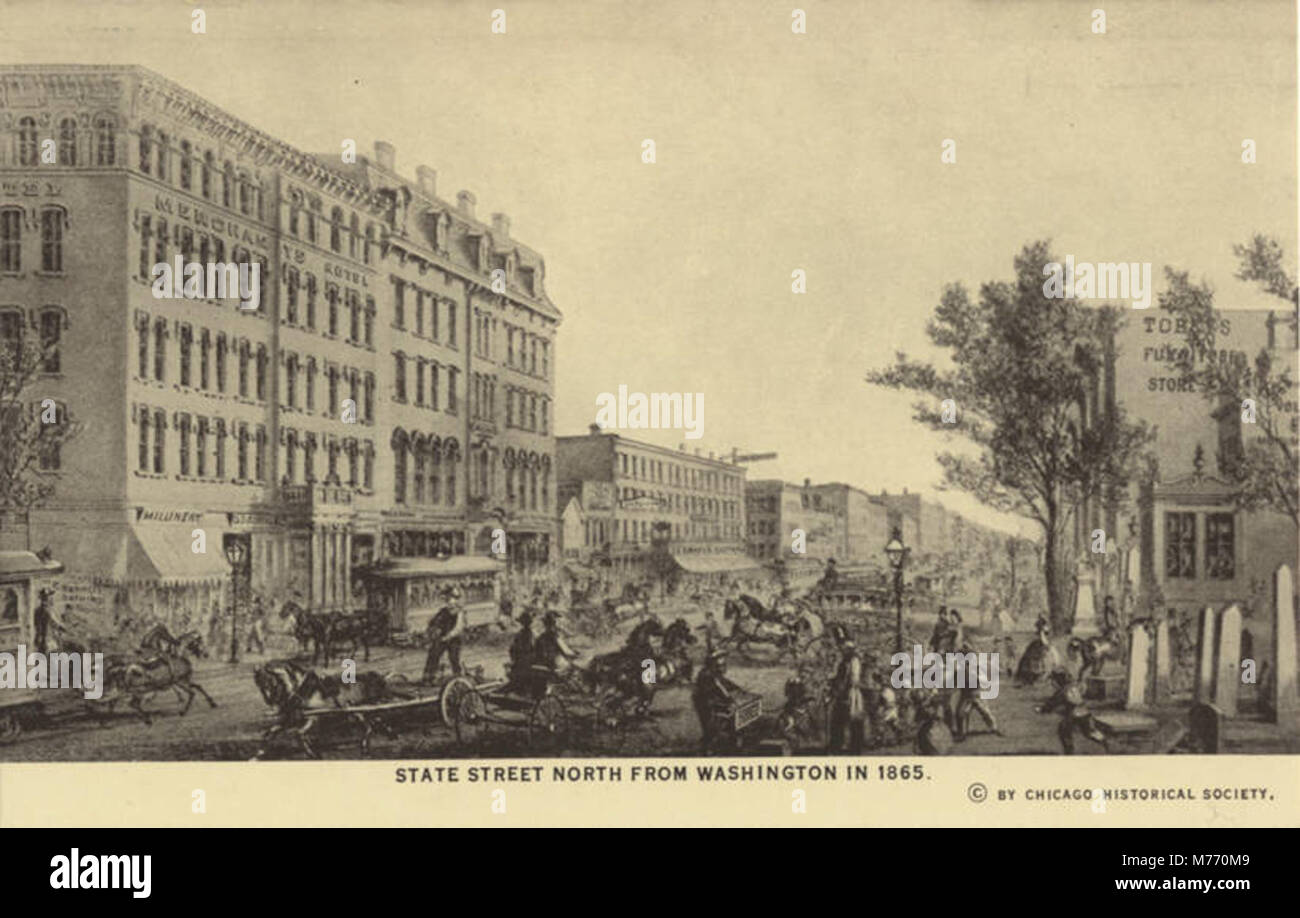 This historical image captures State Street in Chicago, looking north ...