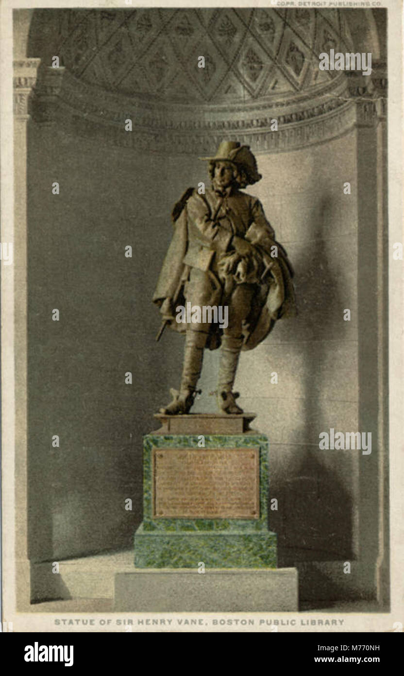 The statue of Sir Henry Vane stands outside the Boston Public Library ...