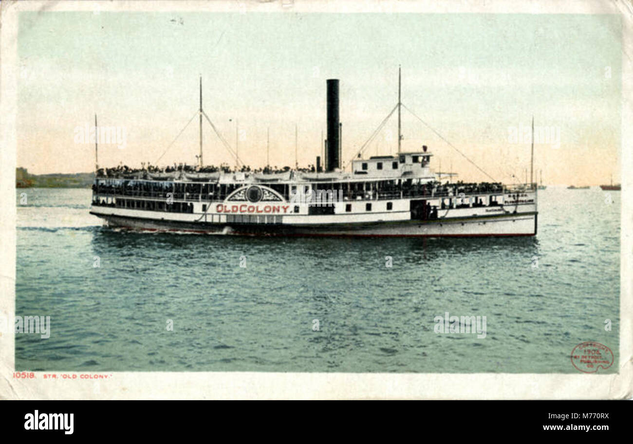 The image features the Steamer Old Colony, a steamship used for ...