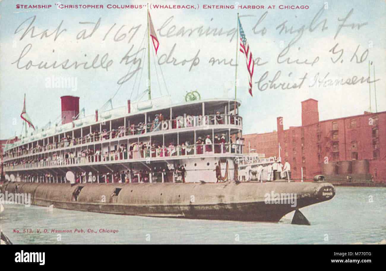 The 'Christopher Columbus' steamship, a Whaleback vessel, enters the ...
