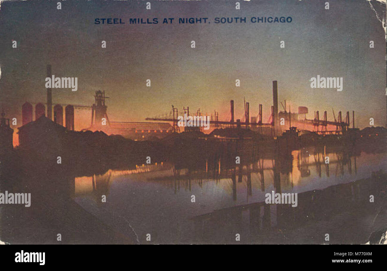 A nighttime photograph of steel mills in South Chicago, highlighting ...