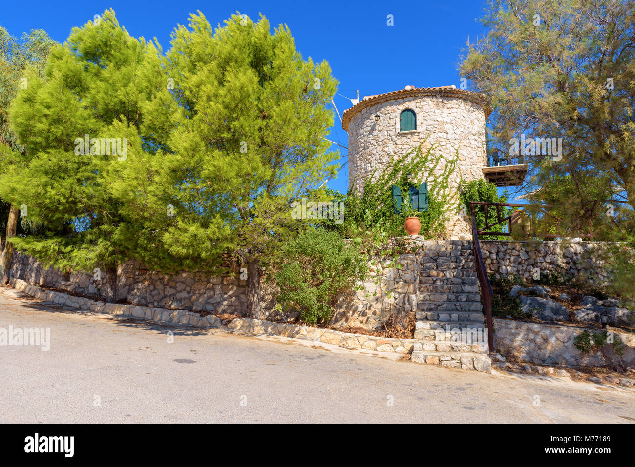 Traditional Greek old windmill on Skinari cape. Zakynthos island ...