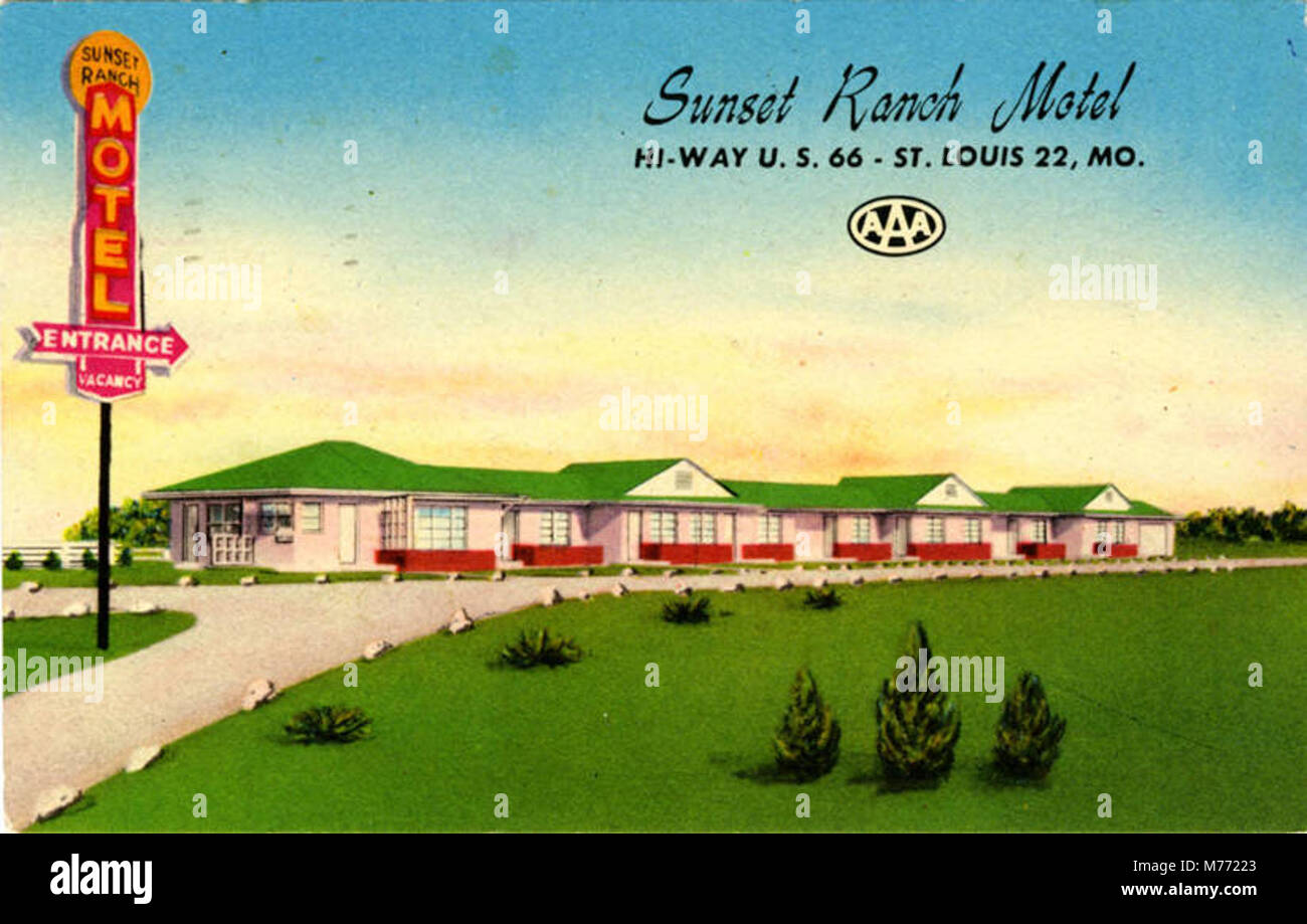 This image depicts the Sunset Ranch Motel, a mid-20th century roadside ...