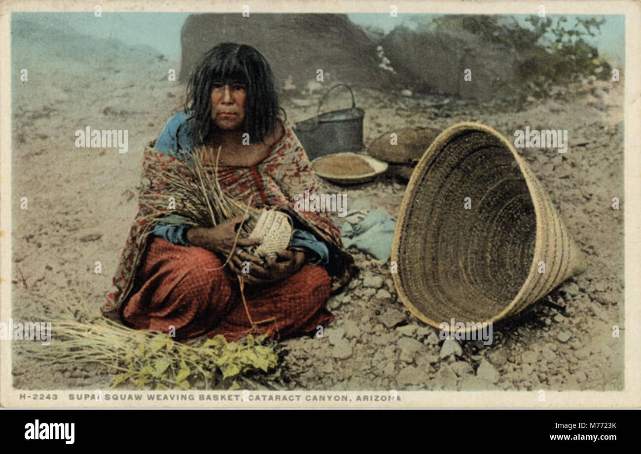 Photograph of a Supai woman weaving a basket in Cataract Canyon ...