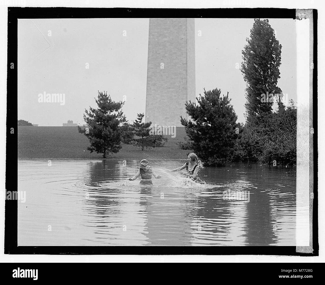 A photograph showing swimmers with the Washington Monument in the ...