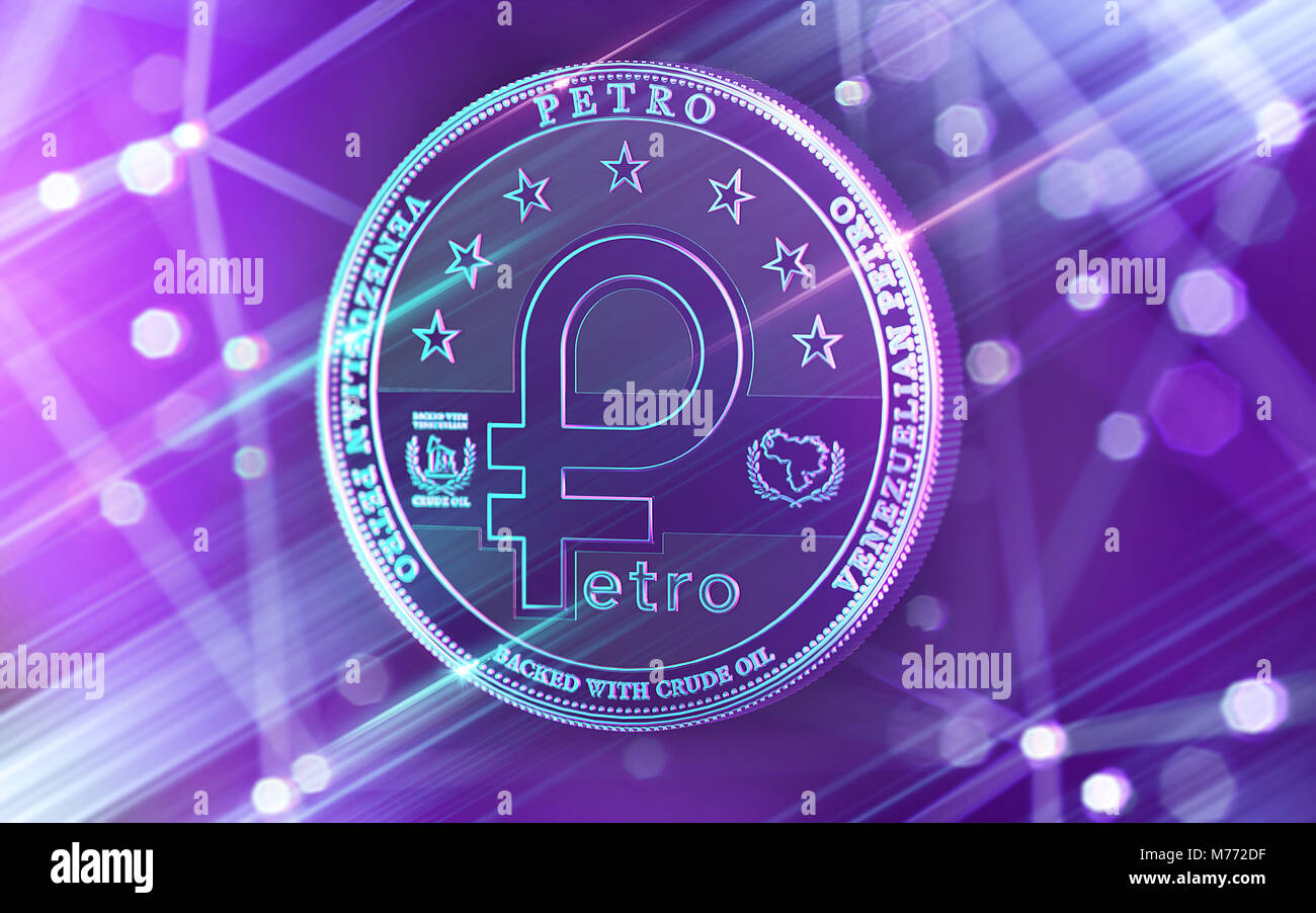 Neon glowing Petro concept coin in Ultra Violet colors with blockchain ...