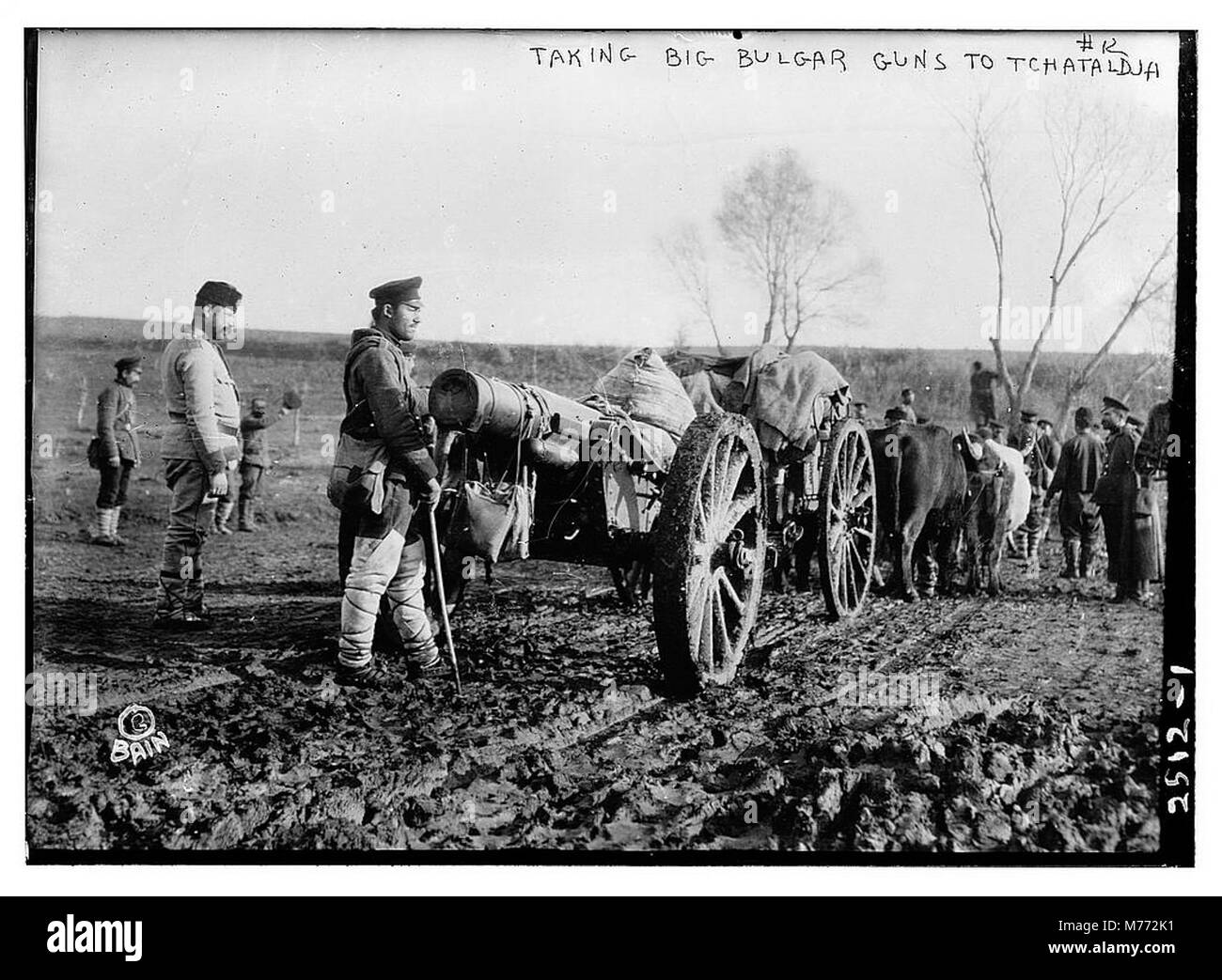 A historical photograph documenting the transportation of large Bulgar ...
