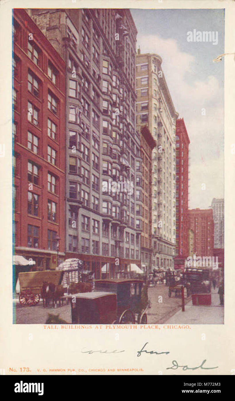 This photograph features tall buildings at Plymouth Place, Chicago ...