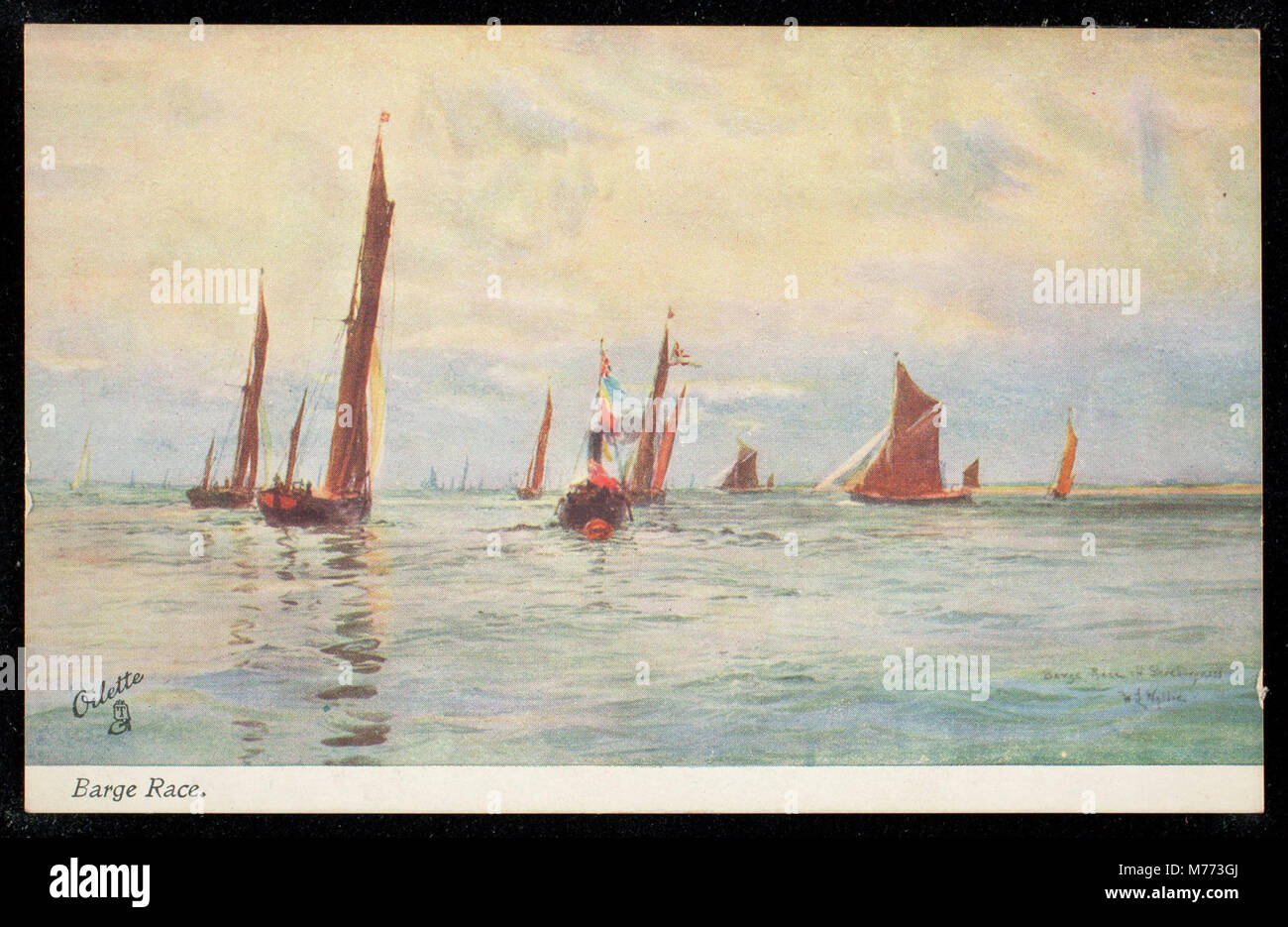 A historical photograph of a barge race, capturing a competitive water ...