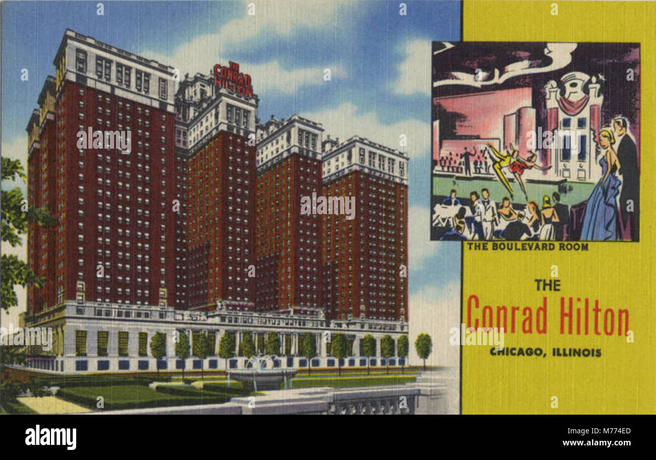 The Conrad Hilton, a renowned hotel chain, is depicted, highlighting ...