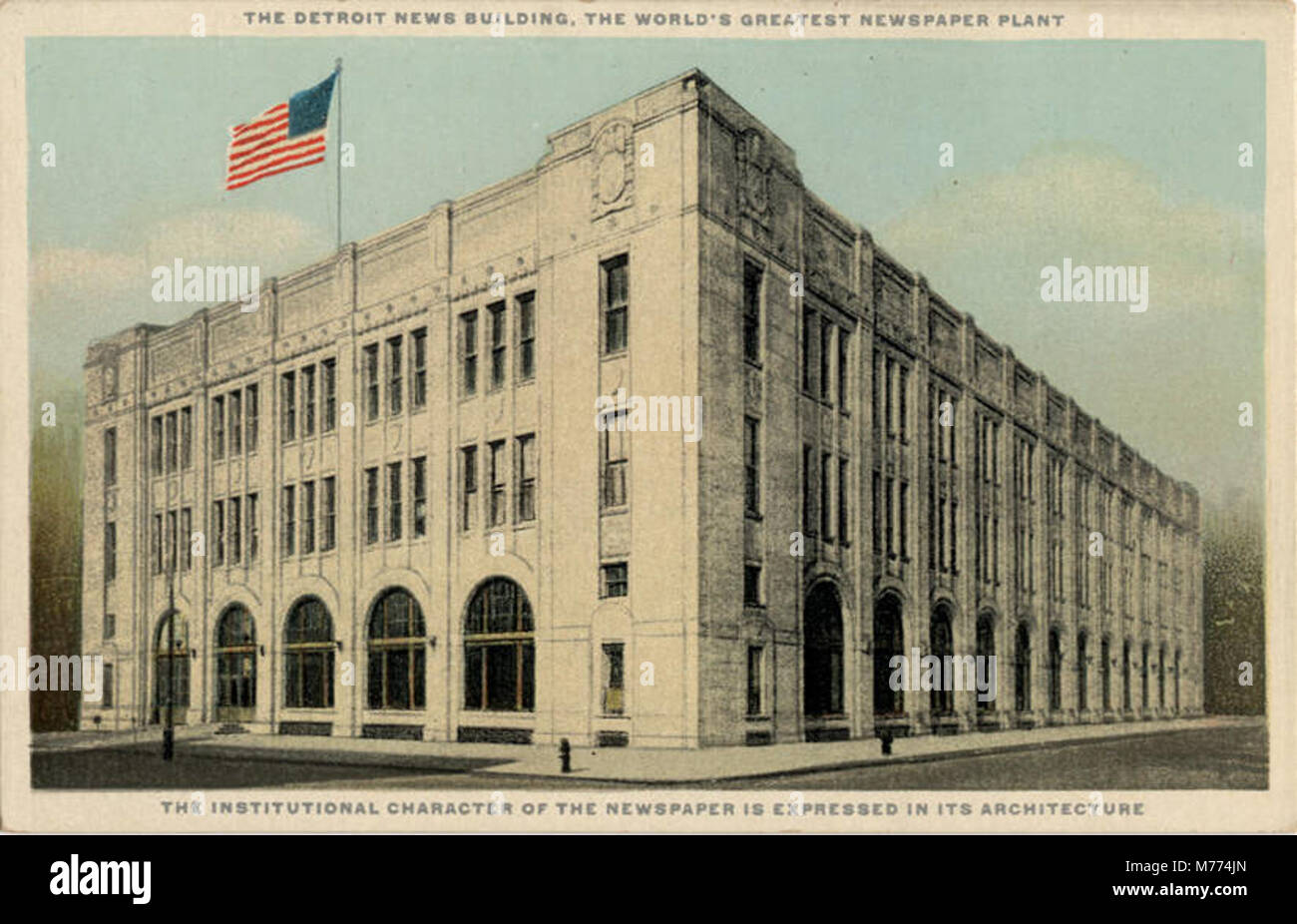 A photograph of The Detroit News Building, a major hub for newspaper ...