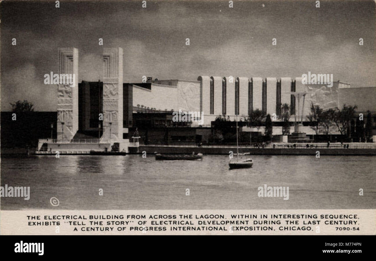 The image shows the Electrical Building, as seen across the lagoon, showcasing its architectural ...