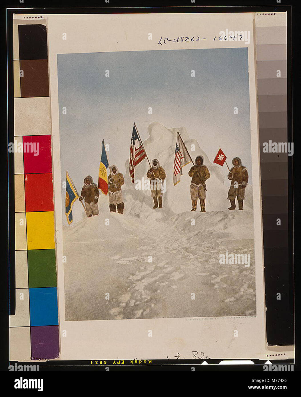 This image depicts the five flags raised at the North Pole, likely ...