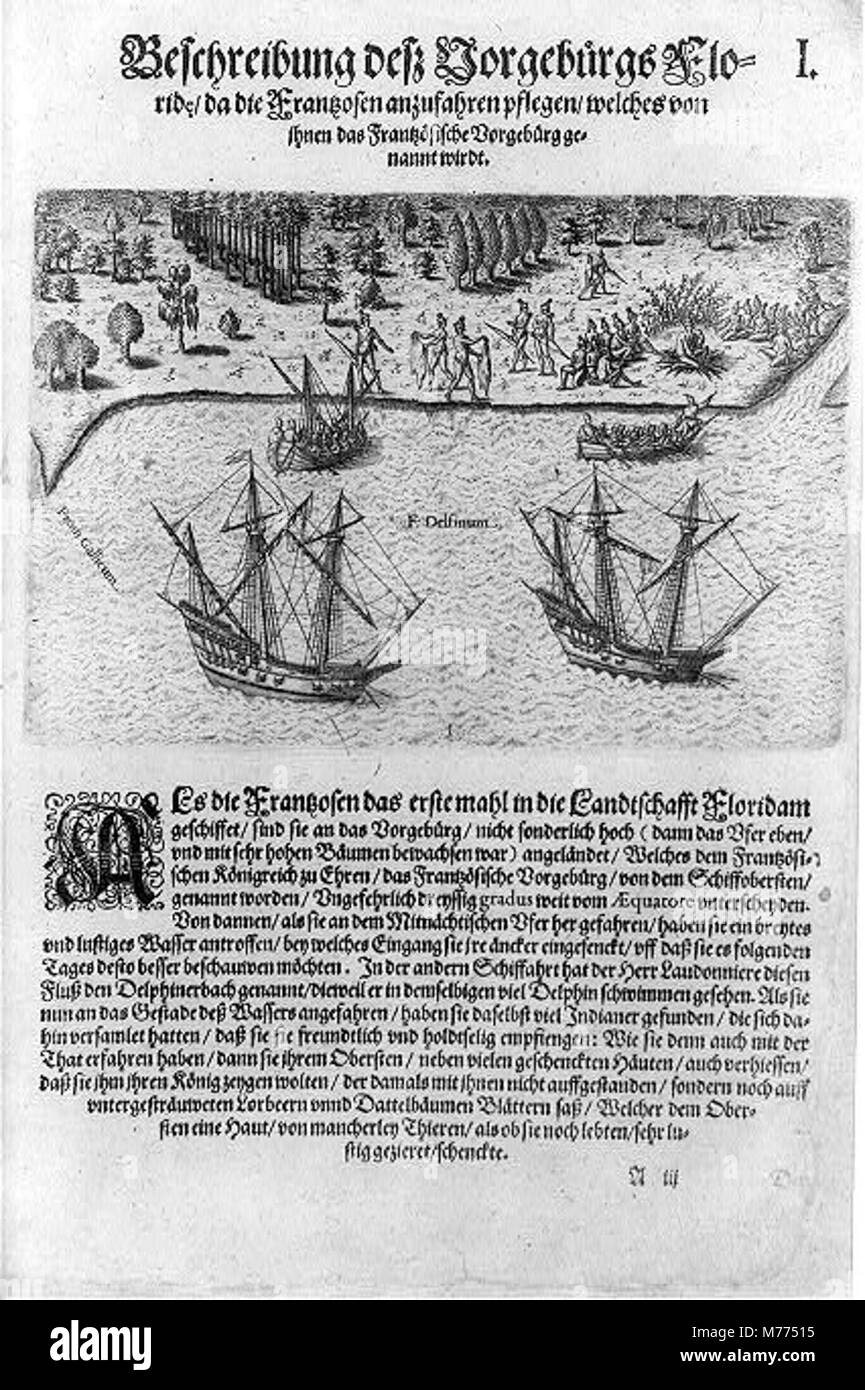 This image depicts the arrival of the French in Florida, marking a ...