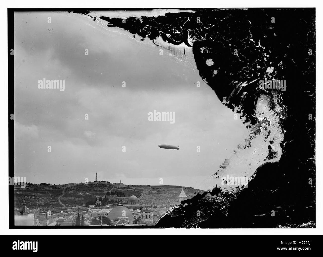 The Graft Zeppelin flying over Jerusalem, an early 20th-century image ...